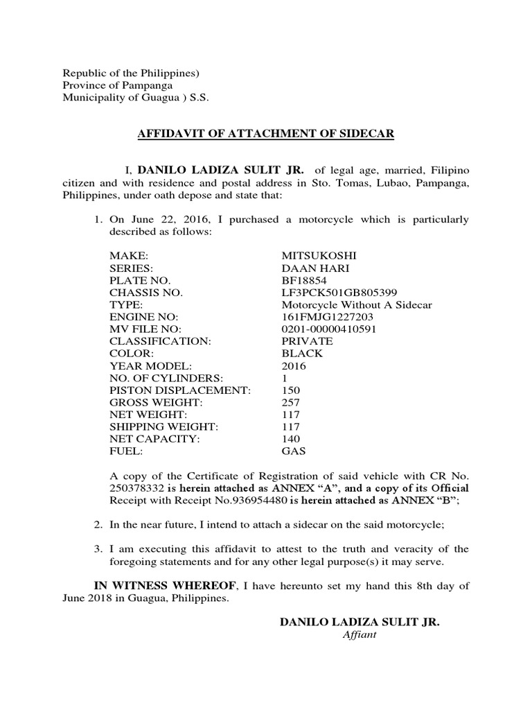 Affidavit of Attachment of Sidecar - Danilo Sulit JR | PDF