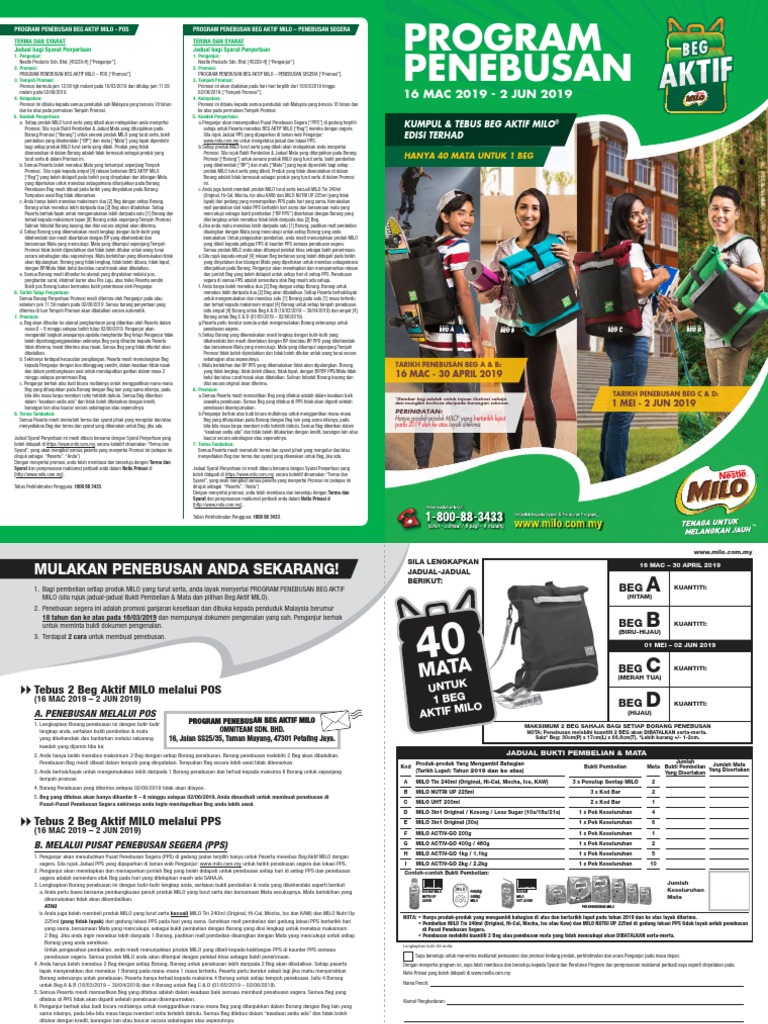 MILO Beg Aktif Redemption 2019 (Online) - 0219FA-Min | PDF