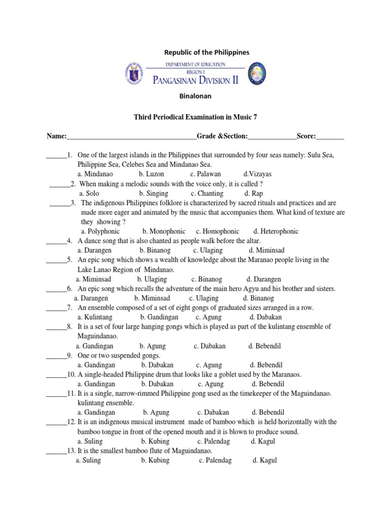 Third Periodical Exam in Music 7 S.Y 2016-17 Edited | PDF | Philippines ...