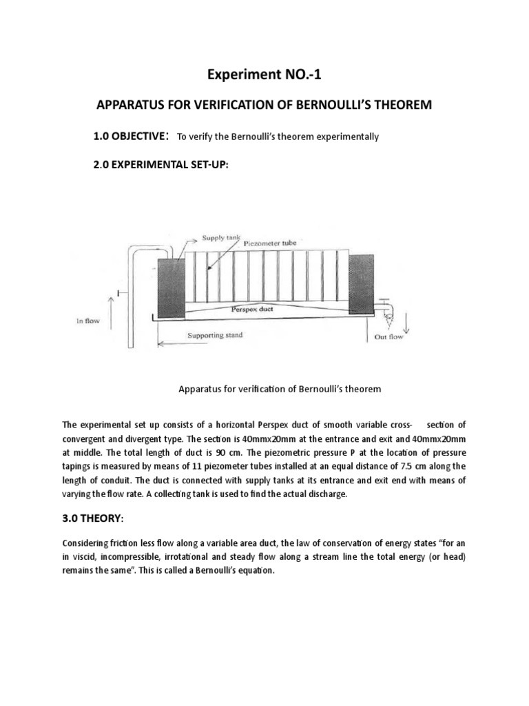 Bernoulli's Theorem Experiment Setup | PDF | Dynamics (Mechanics) | Gas ...