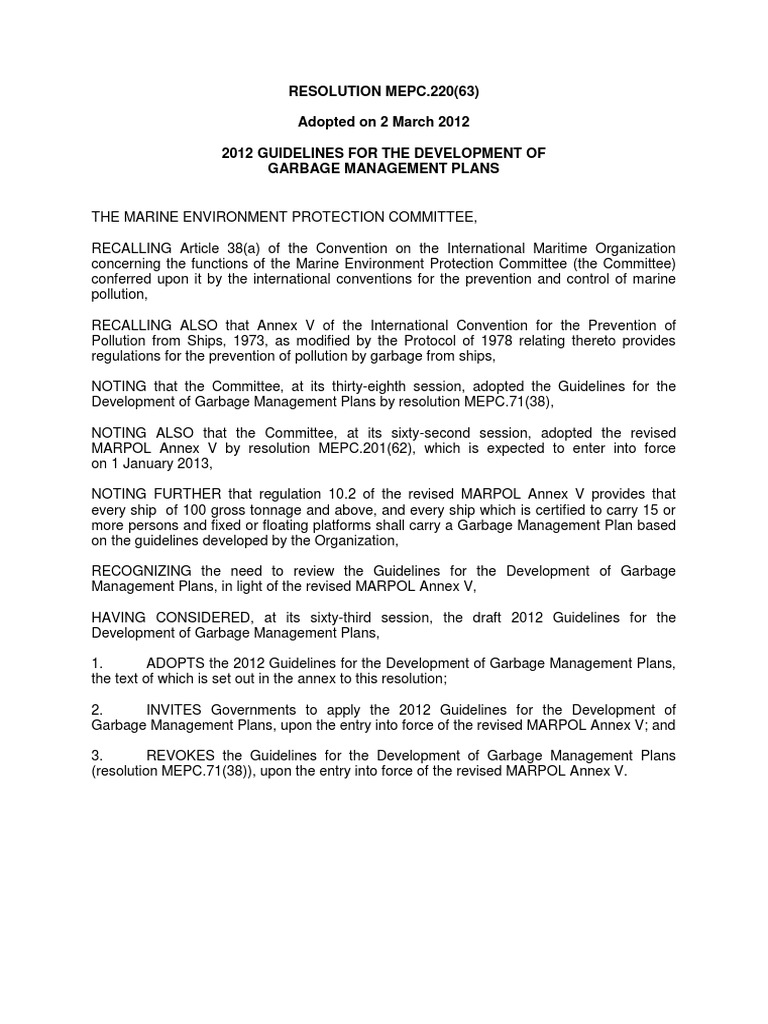 RESOLUTION MEPC.220 (63) Guidelines For The Development of Garbage Management Plans | PDF ...