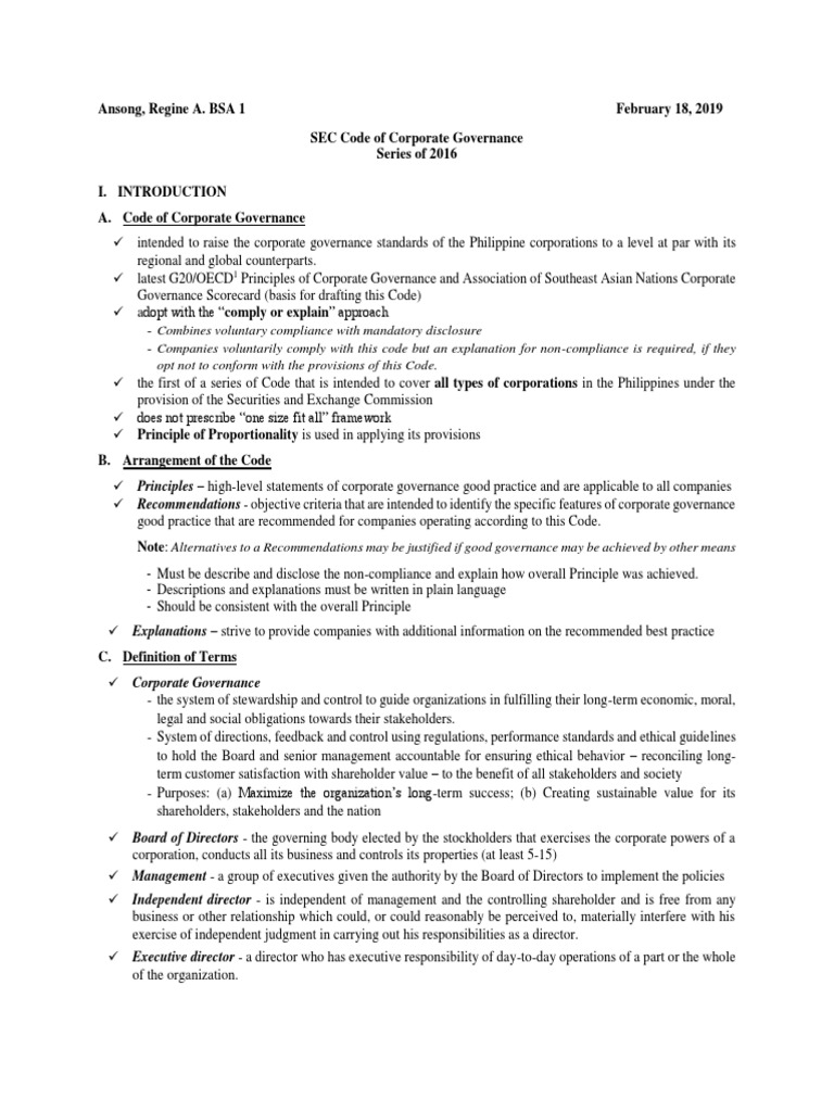 SEC Code of Corporate Governance 2016 (Outline) | Download Free PDF ...