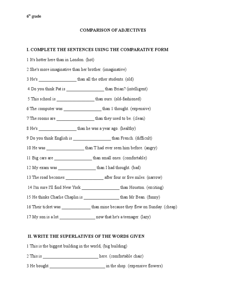Comparison of Adjectives: 6 Grade | PDF
