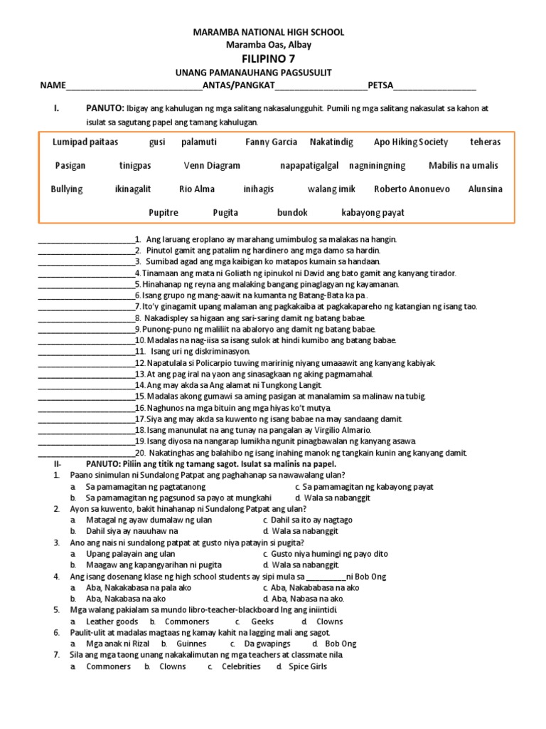1st Grading Period (FILIPINO 7) | PDF
