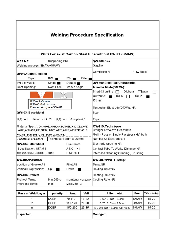 Welding Procedure Specification: WPS For exist Carbon Steel Pipe ...