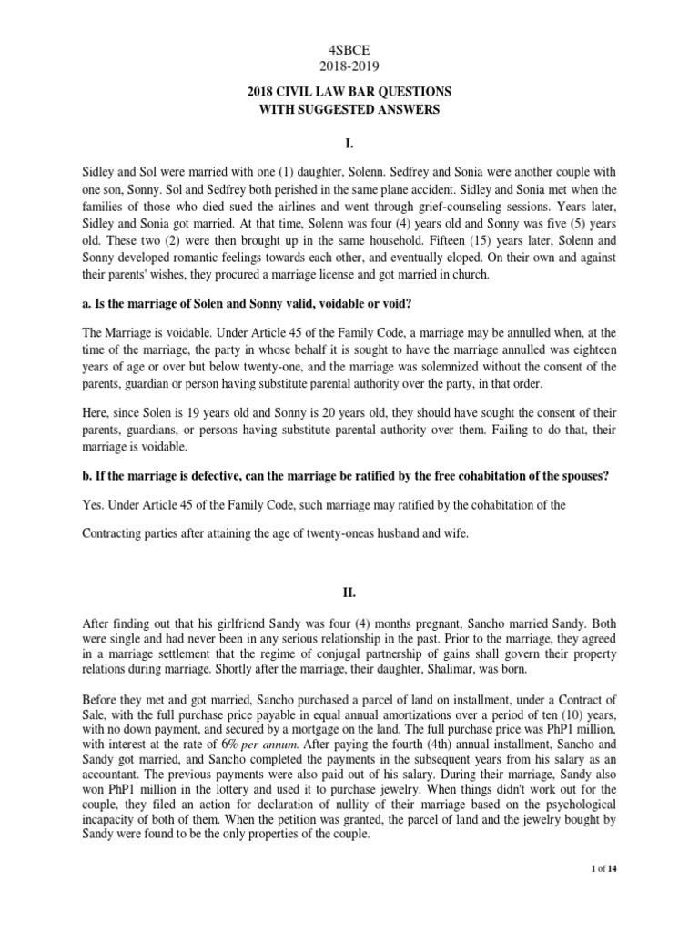 2018 Civil Law Bar Questions With Suggested Answers | PDF | Will And ...