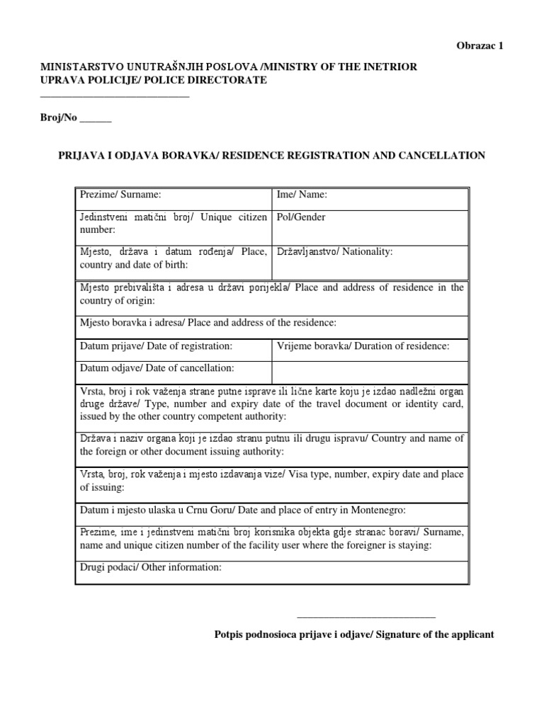 Obrazac Prijave I Odjave Boravka Za Strance (Obrazac 1) | PDF
