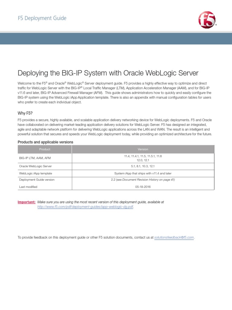 Deploying The Big-Ip System With Oracle Weblogic Server: F5 Deployment Guide | PDF | Transport ...