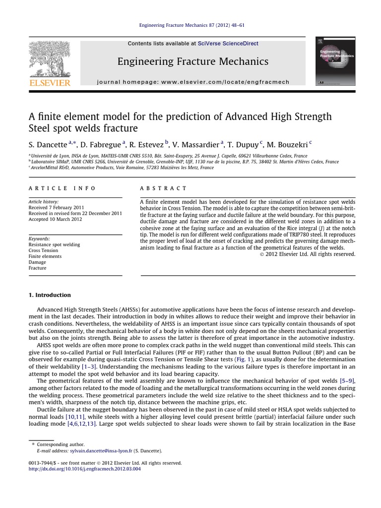A Finite Element Model For The Prediction of Advanced High Strength Steel Spot Welds Fracture ...
