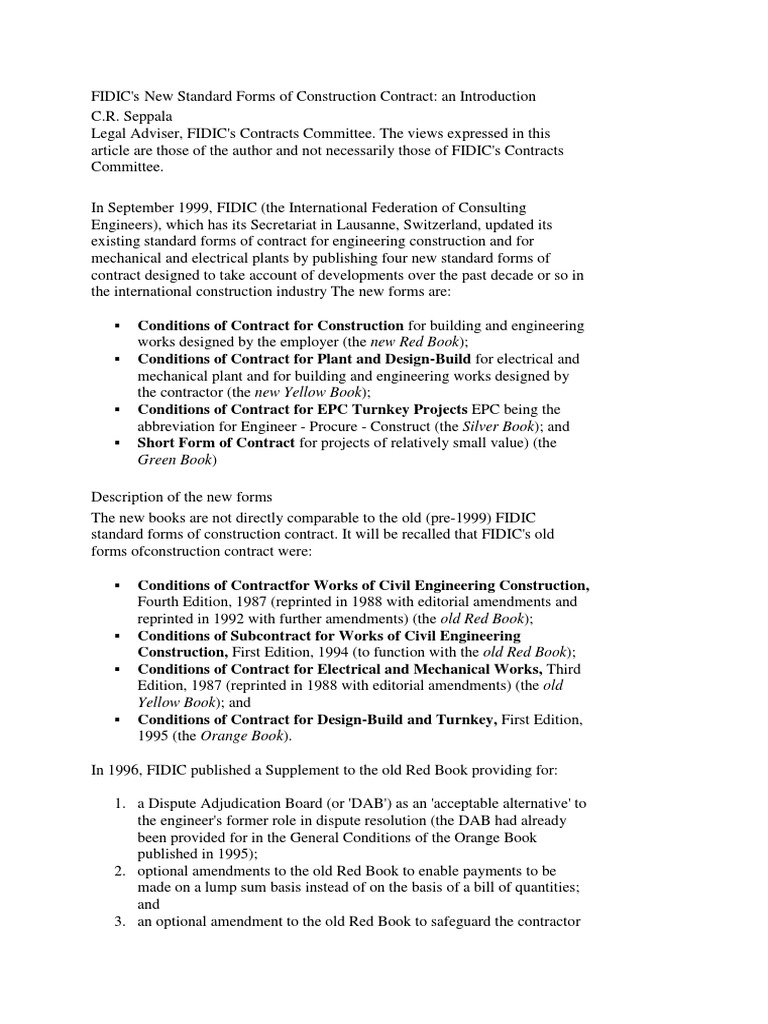 FIDIC's New Standard Forms of Construction Contract - An Introduction - C.R. Seppala | PDF ...