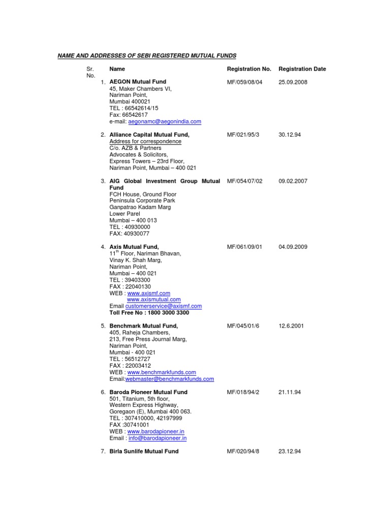 SEBI Registered Mutual Funds List | PDF | Mumbai | Companies