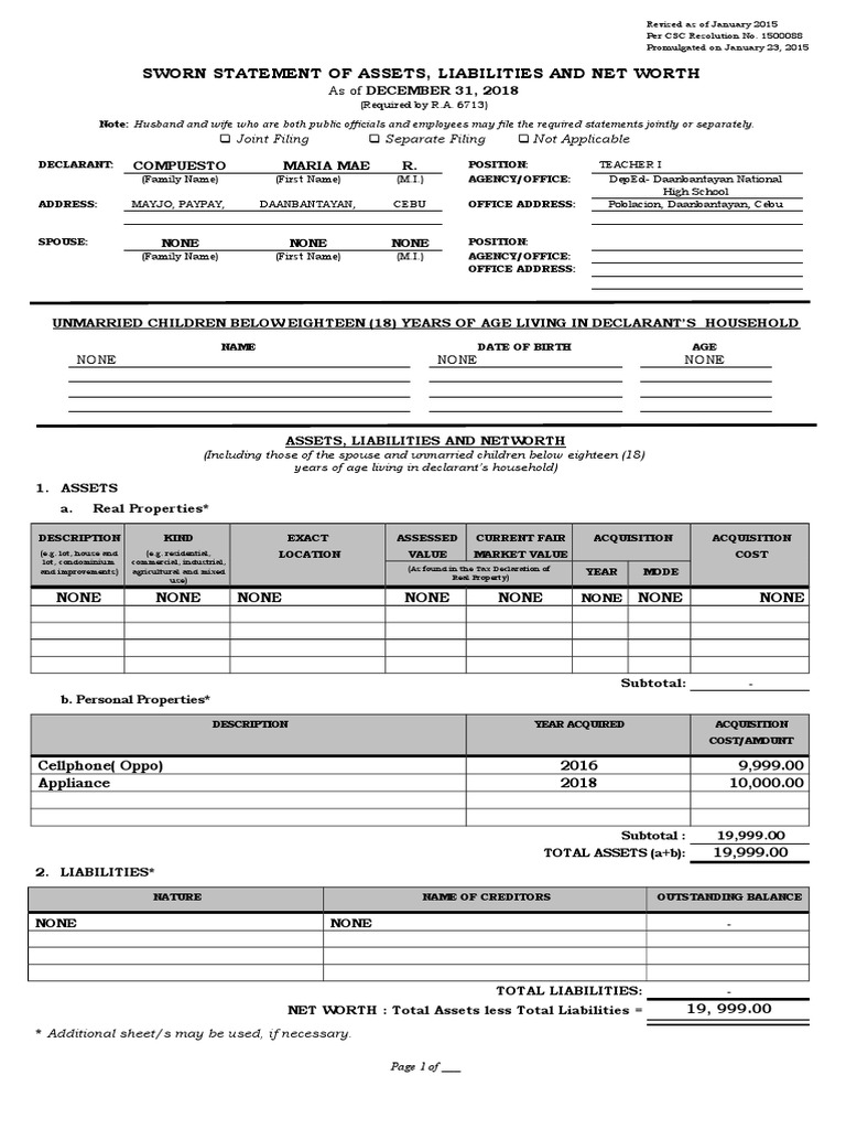Sworn Statement of Assets, Liabilities and Net Worth | PDF | Identity ...