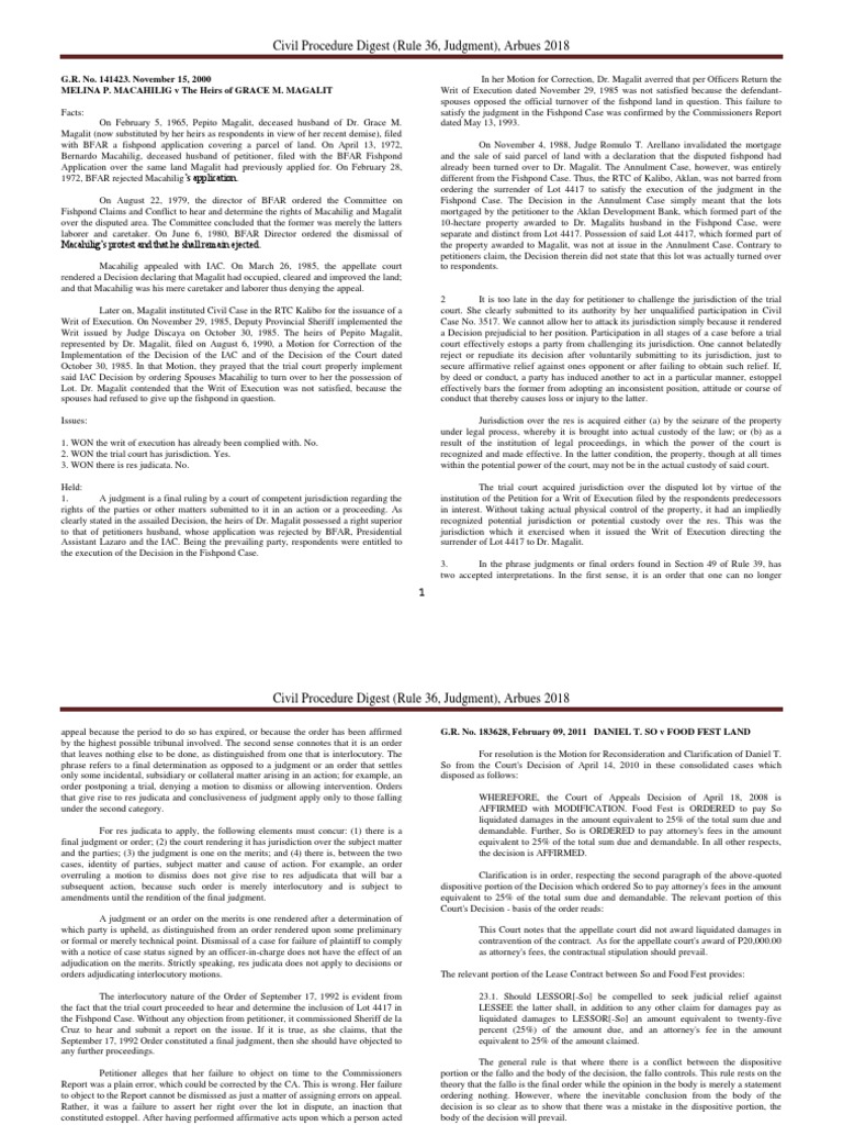 Civil Procedure Digest (Rule 36, Judgment), Arbues 2018 | PDF ...