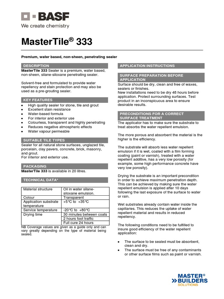 Basf Mastertile 333 Tds | Download Free PDF | Tile | Water
