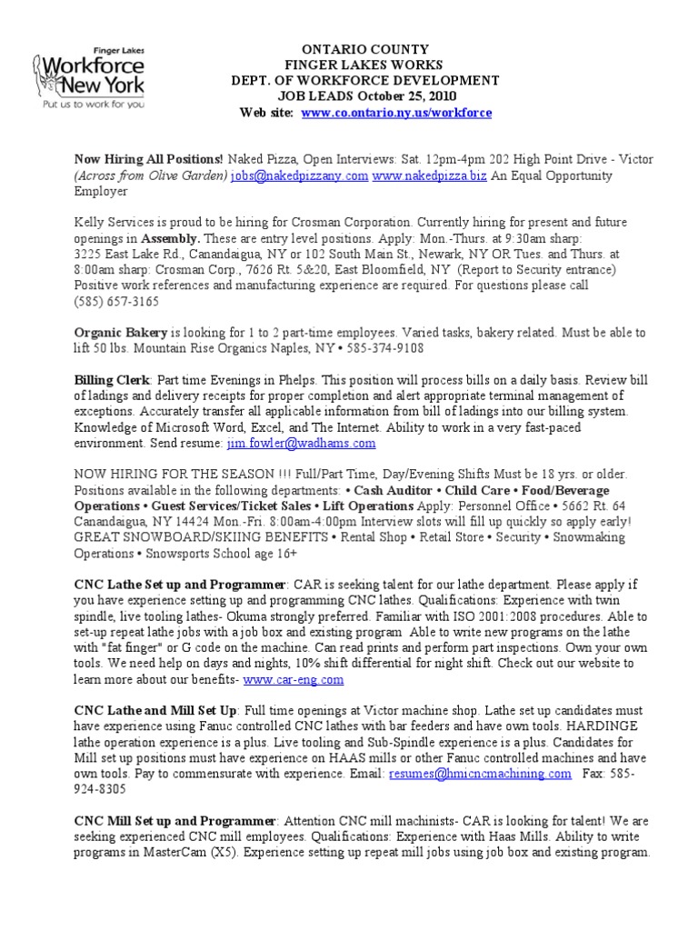 Ontario Co Job Leads09 22 08 | PDF | Employment | Retail