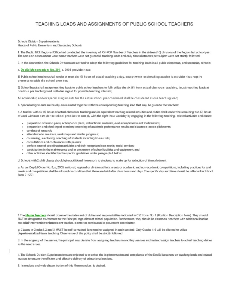 Teaching Loads and Assignments of Public School Teachers: Deped ...