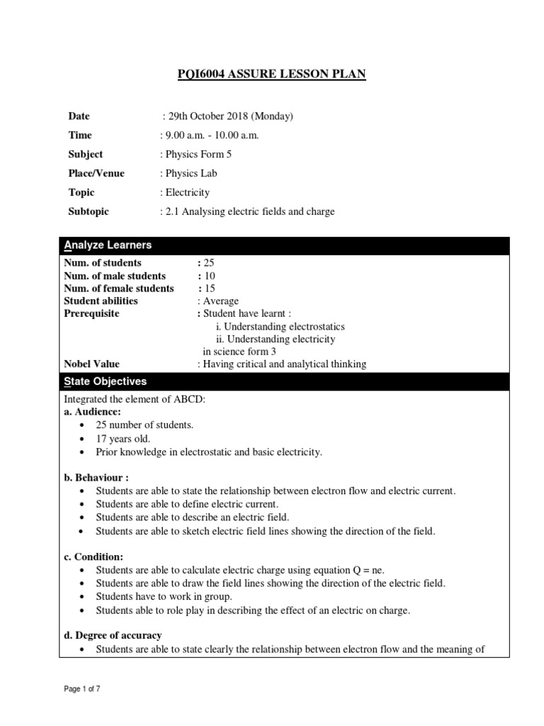 ASSURE Lesson Plan 2.1 Analysing Electric Fields and Charge | PDF ...
