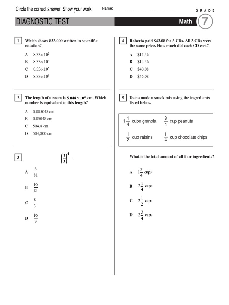 Grade 7 Math Diagnostic Test PDF | PDF | Multiplication | Speed