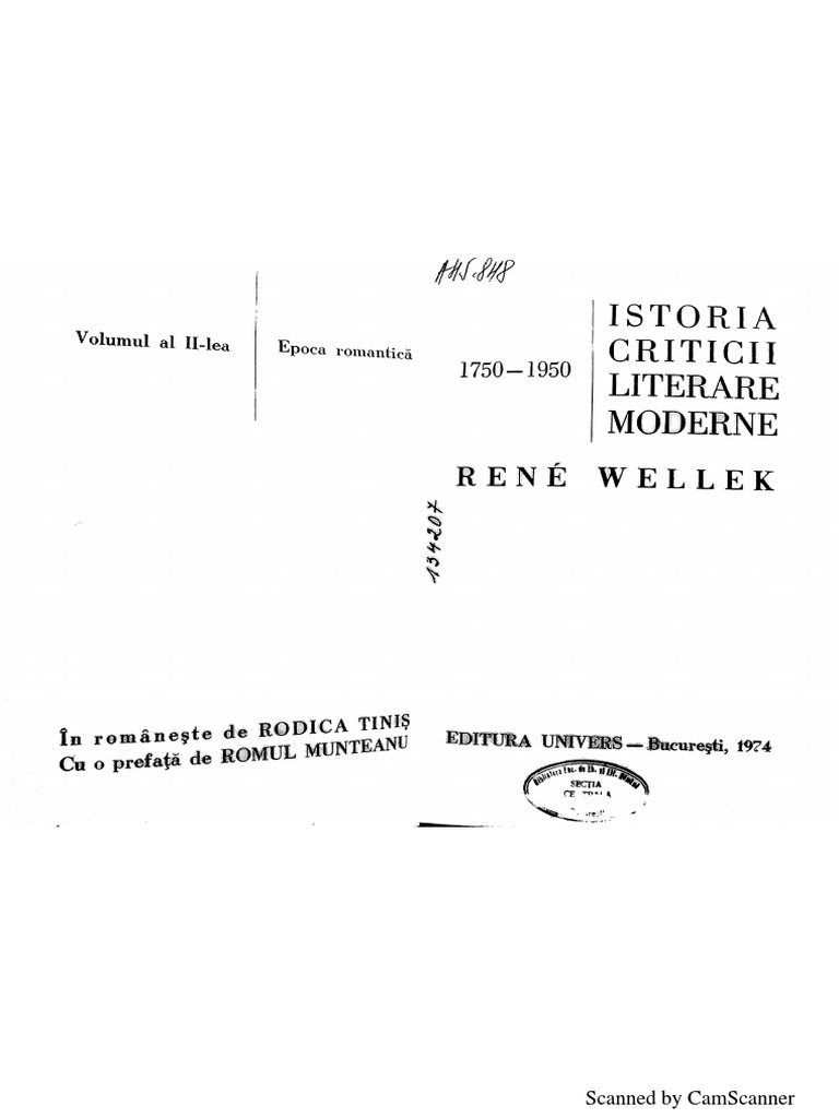 Rene Wellek, Istoria Criticii Literare Moderne PDF | PDF