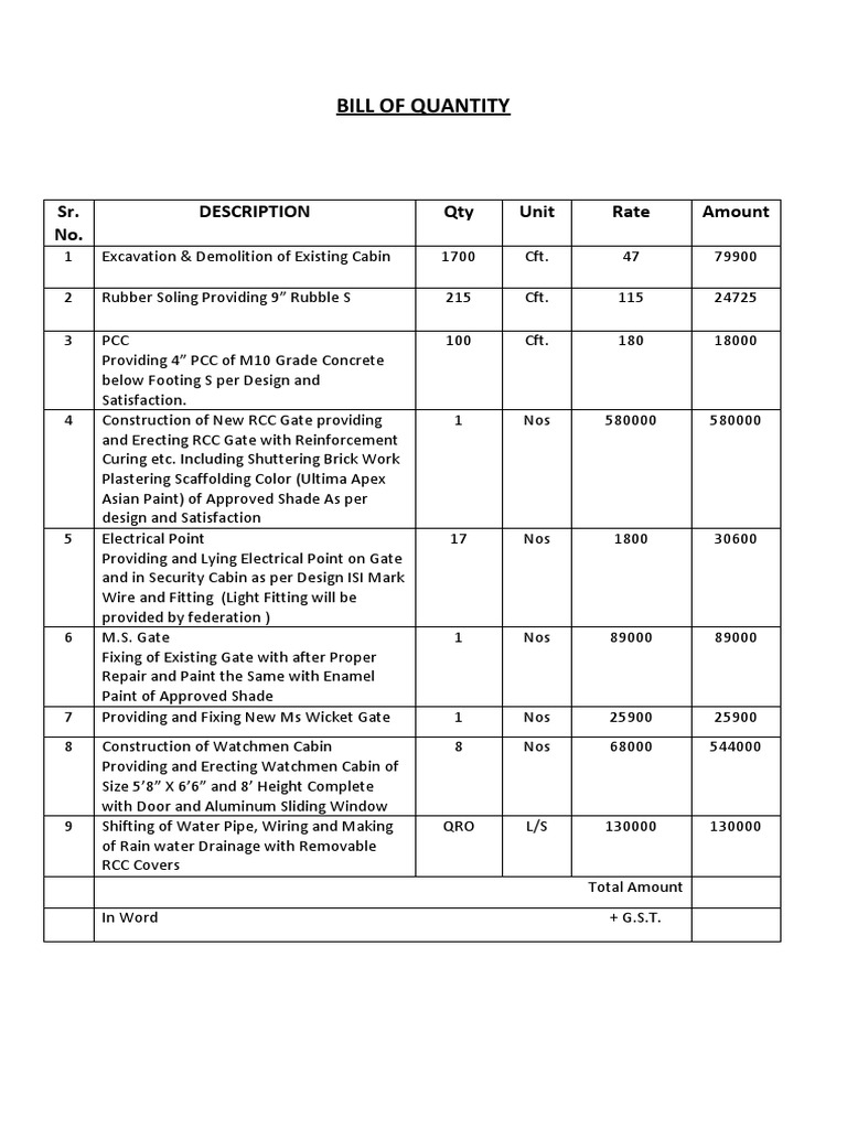 Bill of Quantity: Sr. No. Description Qty Unit Rate Amount | PDF