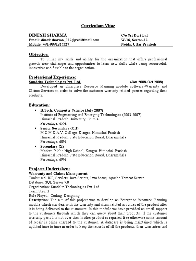 Curriculam Vitae Dinesh Sharma | PDF | Java Server Pages | Databases