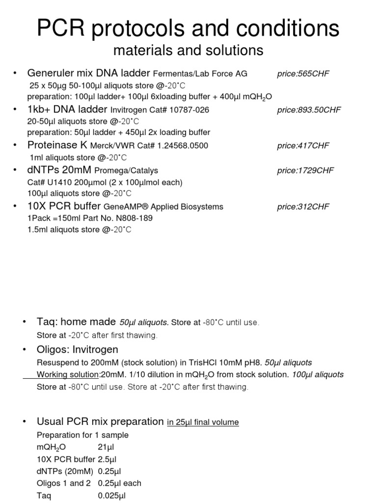 PCR Conditions Summary | PDF | Polymerase Chain Reaction | Dna