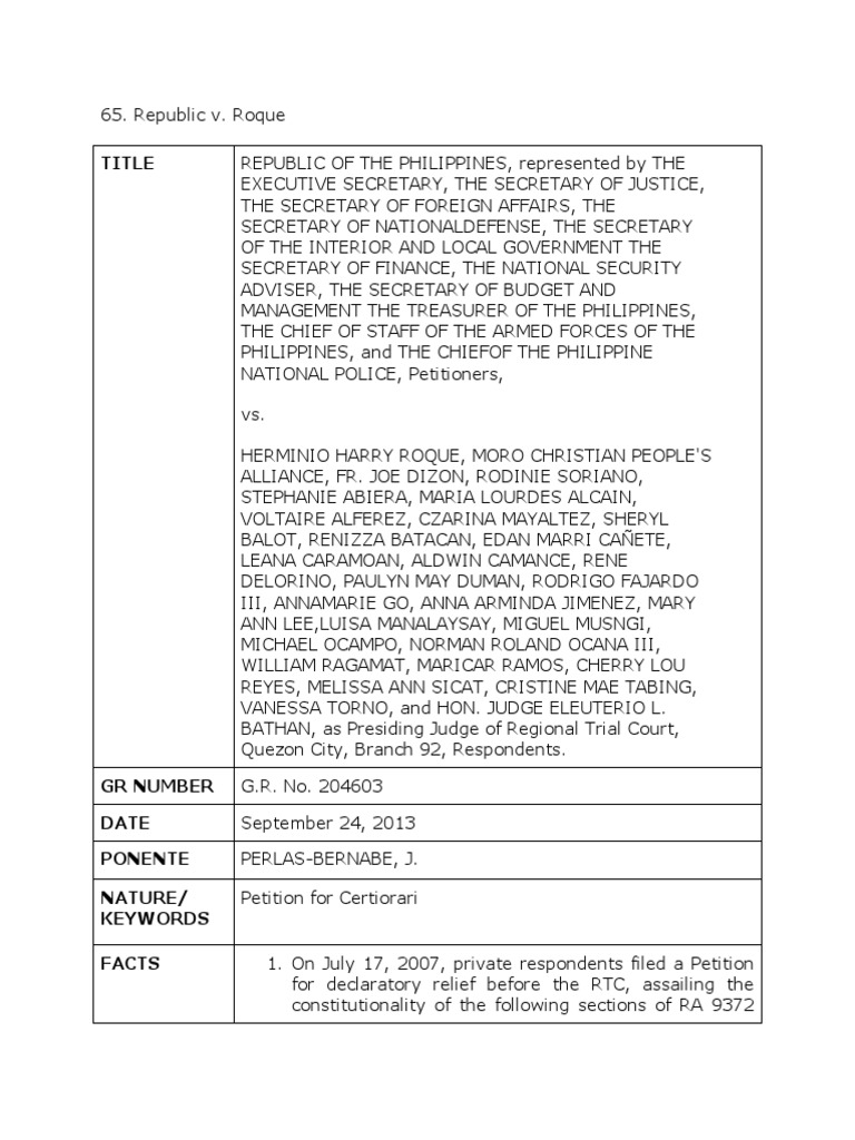 Republic v. Roque: RA 9372 Ruling | PDF | Discretion | Declaratory Judgment