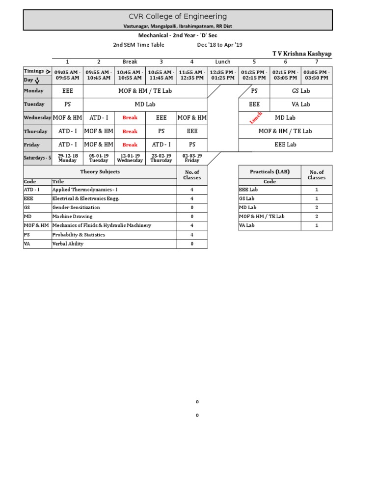 CVR CLG Mech D Timetable 2-2nd Sem | PDF | Academia | Continuum Mechanics