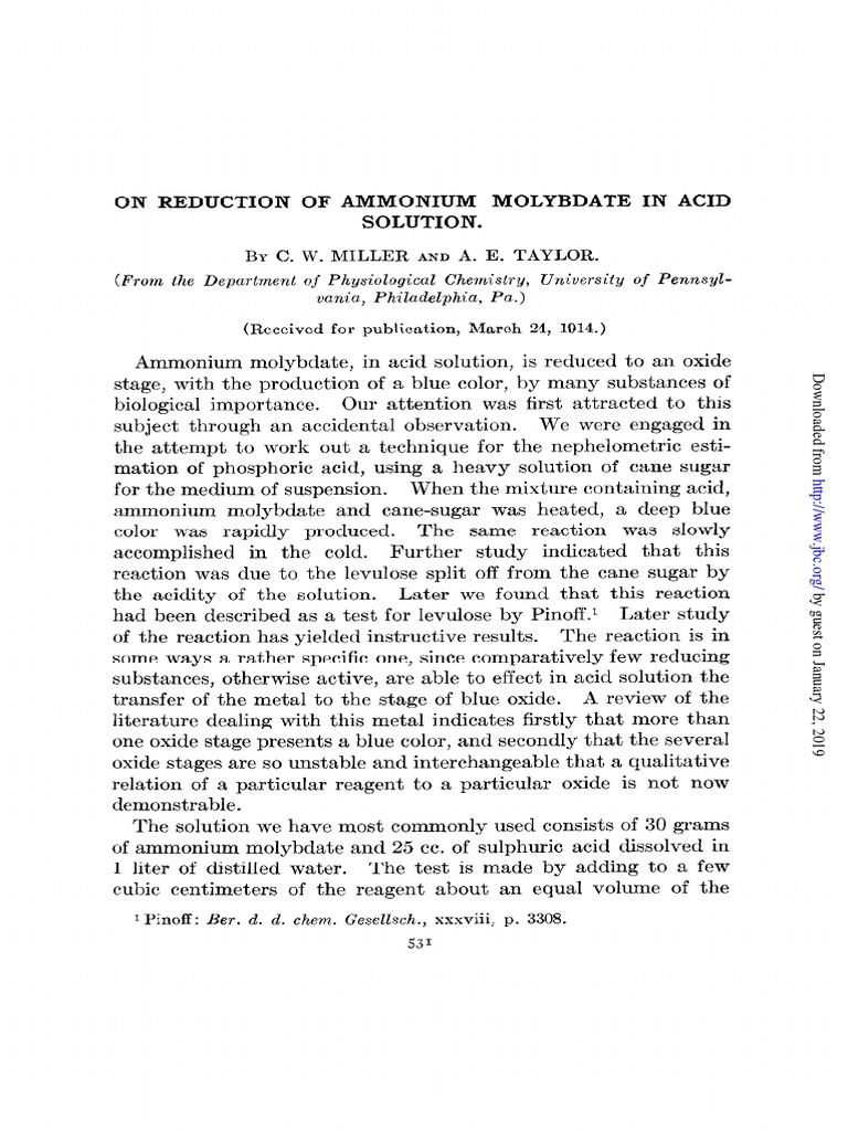 On Reduction of Ammonium Molybdate in Acid Solution | PDF | Redox | Acid
