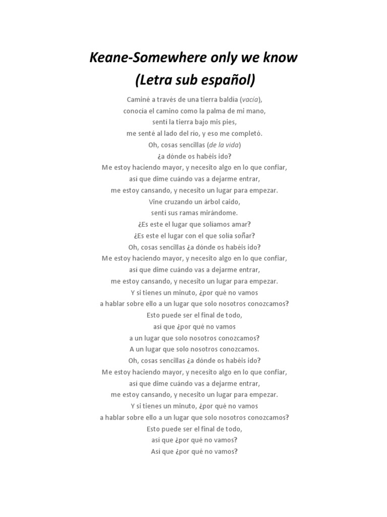Keane-Somewhere Only We Know Letra en Español | PDF