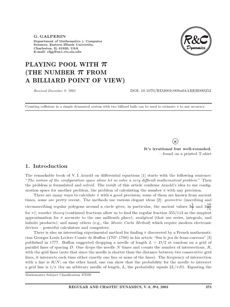 Estimating Pi Through Billiard Ball Collisions An Experimental Dynamical System Approach Pdf 