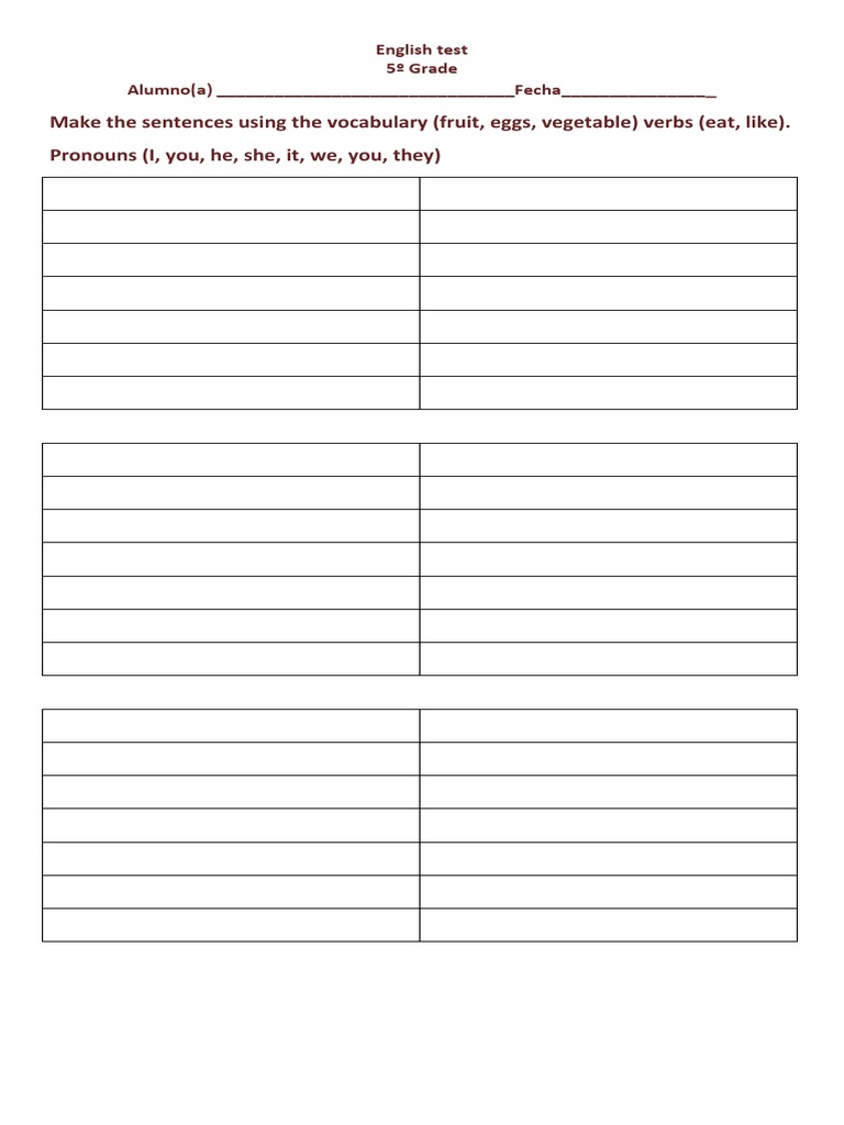 Make The Sentences Using The Vocabulary (Fruit, Eggs, Vegetable) Verbs ...