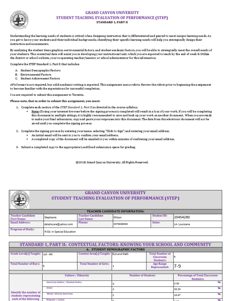 Step 1 Part 2 Gcu Student Teaching Evaluation of Performance Step ...