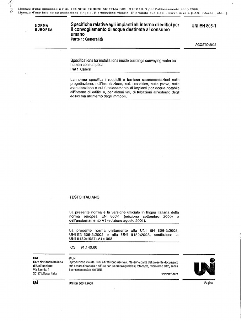 UNI en 806-1 2008 Impianti Idropotabili Generalità | PDF