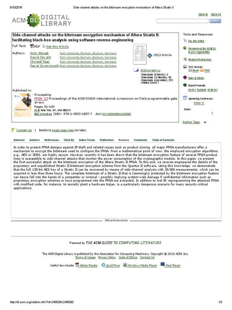 Side-Channel Attacks On The Bitstream Encryption Mechanism of Altera Stratix II | PDF | Field ...