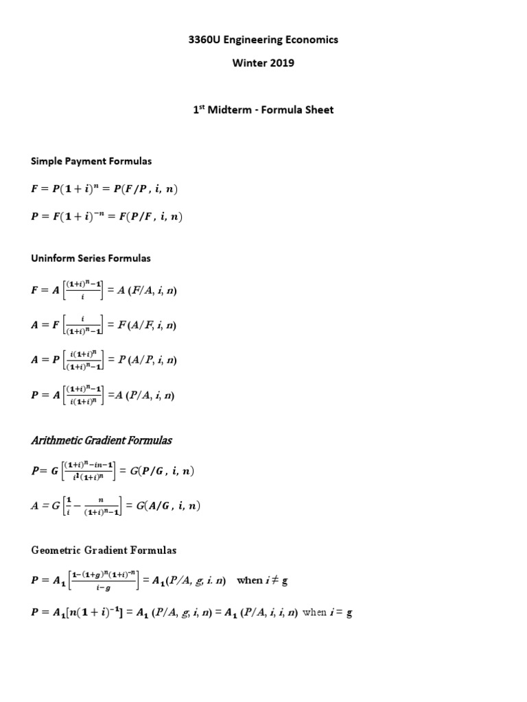 1st Mid Term Formula Sheet | PDF