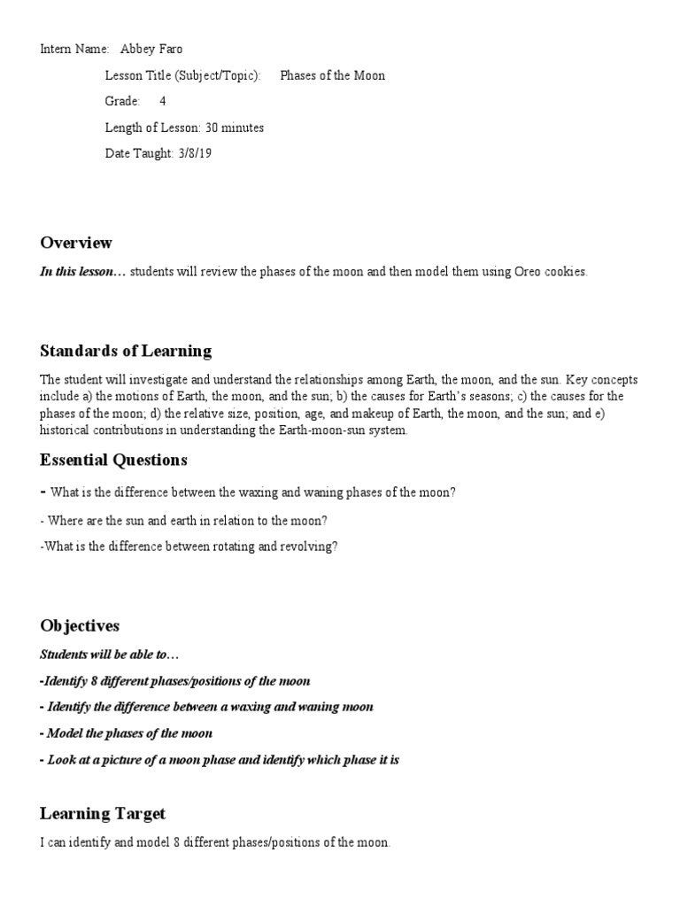 Phases of The Moon Lesson | PDF | Lesson Plan | Moon