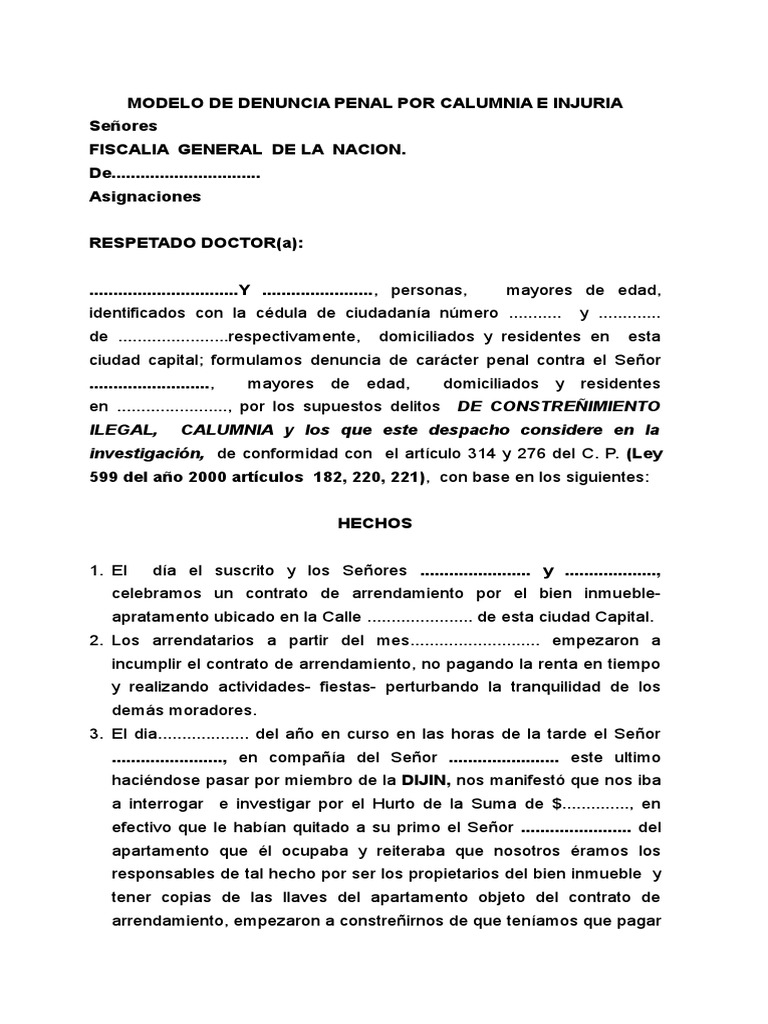 Denuncia Penal - Calumnia y Injuria | PDF | Justicia | Crimen y violencia