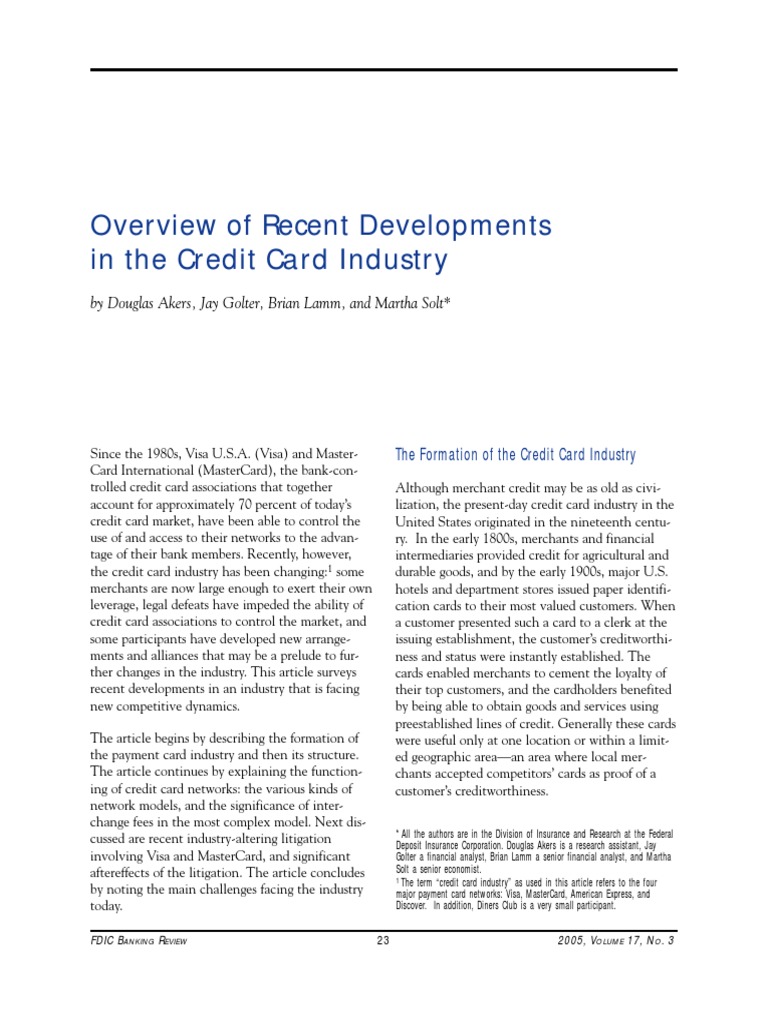 Overview of Recent Developments in The Credit Card Industry: by Douglas ...