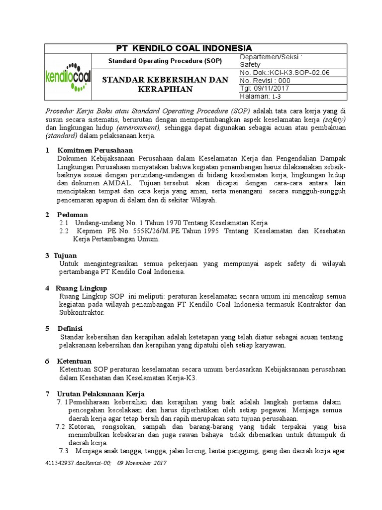 SOP-SAF-006 Standard Kebersihan Dan Kerapihan | PDF SOP-SAF-006 Standard Kebersihan Dan Kerapihan | PDF