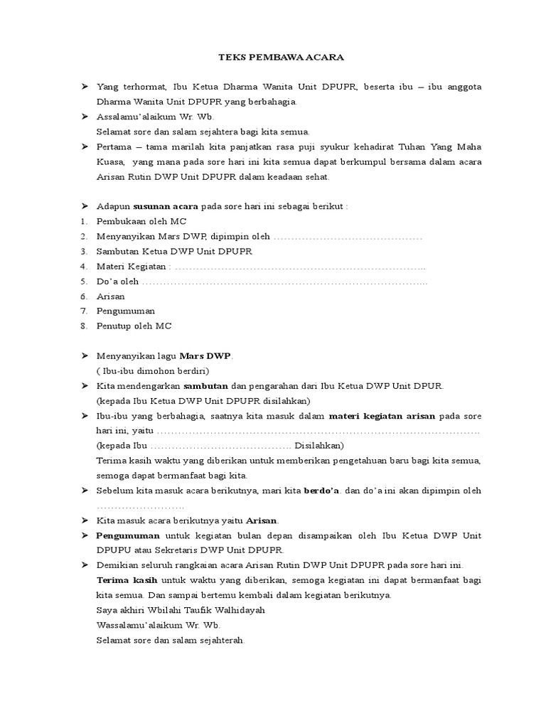 Teks Pembawa Acara Arisan DWP | PDF