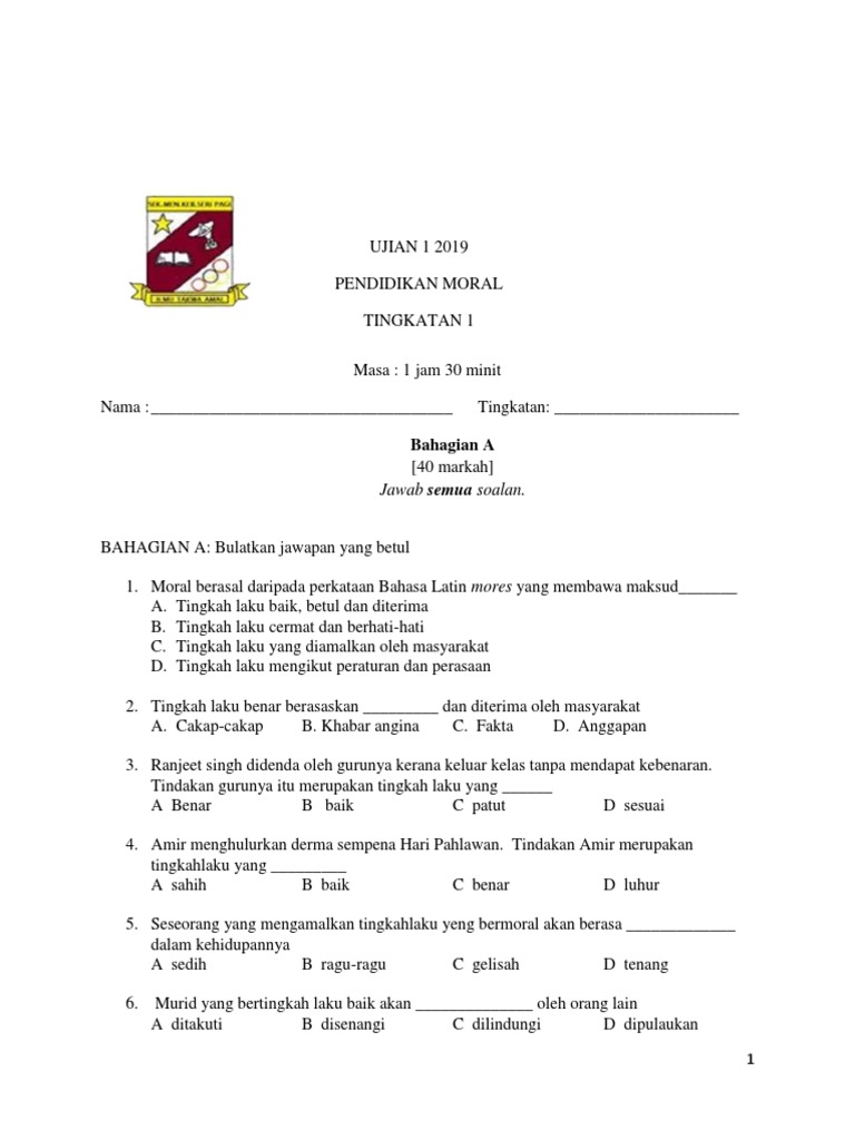 Ujian 1 Pend Moral f1 2019 | PDF