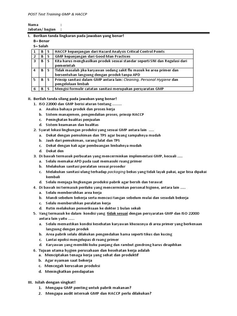 Pre Test Post Test GMP | PDF