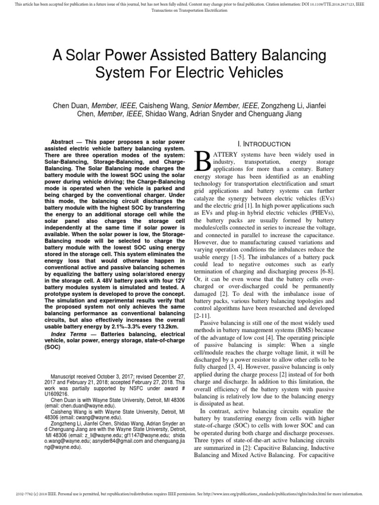 A Solar Power-Assisted Battery Balancing System For Electric Vehicles ...