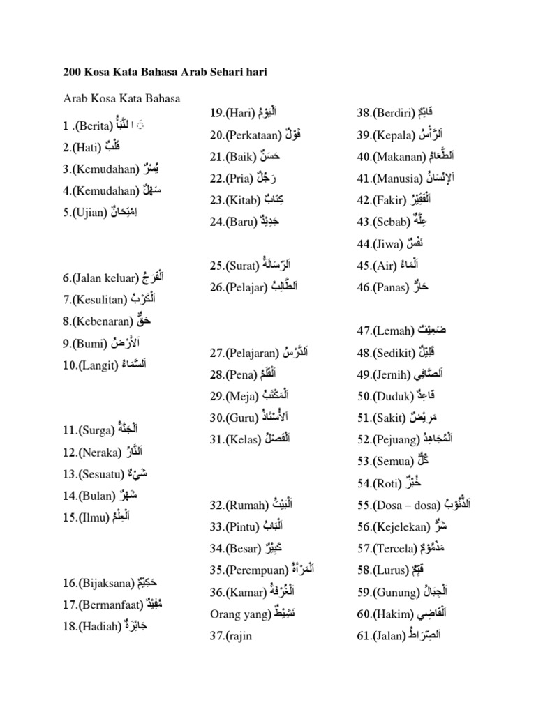 200 Kosa Kata Bahasa Arab Sehari Hari | PDF