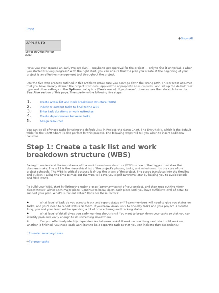 Step 1: Create A Task List and Work Breakdown Structure (WBS) | PDF ...