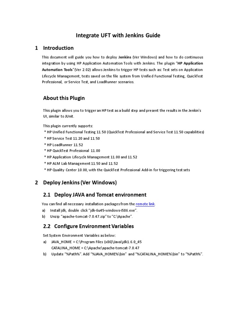 Integrate UFT With Jenkins Guide | PDF | System Software | Computing Integrate UFT With Jenkins Guide | PDF | System Software | Computing