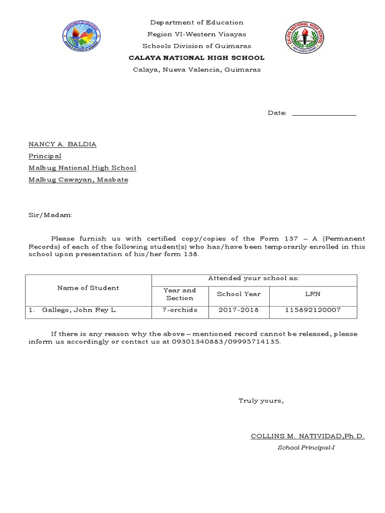 Request Form 137 2018 2019 | PDF | Philippines | Violence