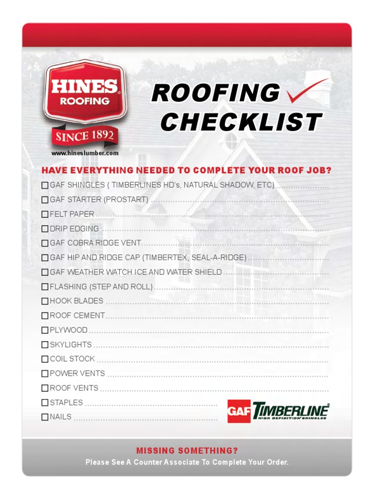 Hines Roofing Checklist | PDF | Roof | Components