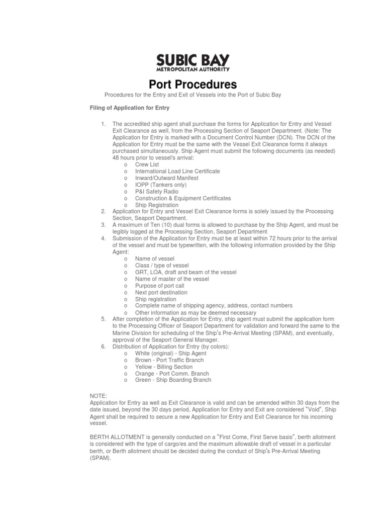 SBMA Port Procedures | PDF | Port | Maritime Pilot